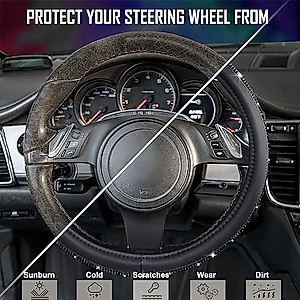 CAR PASS Bling Diamond Leather Steering Wheel Cover, With Bling Sparkly Crystal Glitter Rhinestones Universal Fit 14"1/2-15" Car Wheel Protector for Women Girl Fit Suvs,Vans,Sedans,Cars,Trucks, Black