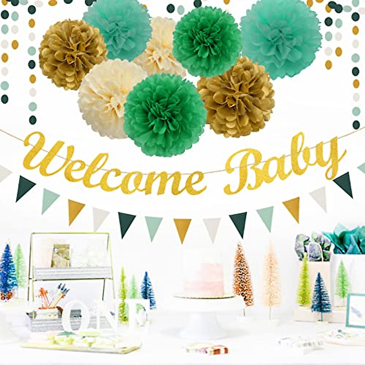 Sage-Green Beige-Gold Baby Shower Party-Decorations - 31pcs Kits Gender Neutral Boy Girl Welcome Baby Banner Flags,Tissue Paper Pom Poms,Tassel Streamers Garland Birthday Decor Panduola
