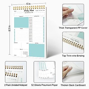 Daily Planner Notepad Undated To Do List Planning Pad Checklist with Hourly Schedule Calendars Meal, Spiral Appointment Organizers Notebook for Man/Women,52 Sheets (6"x8.5")2Pack