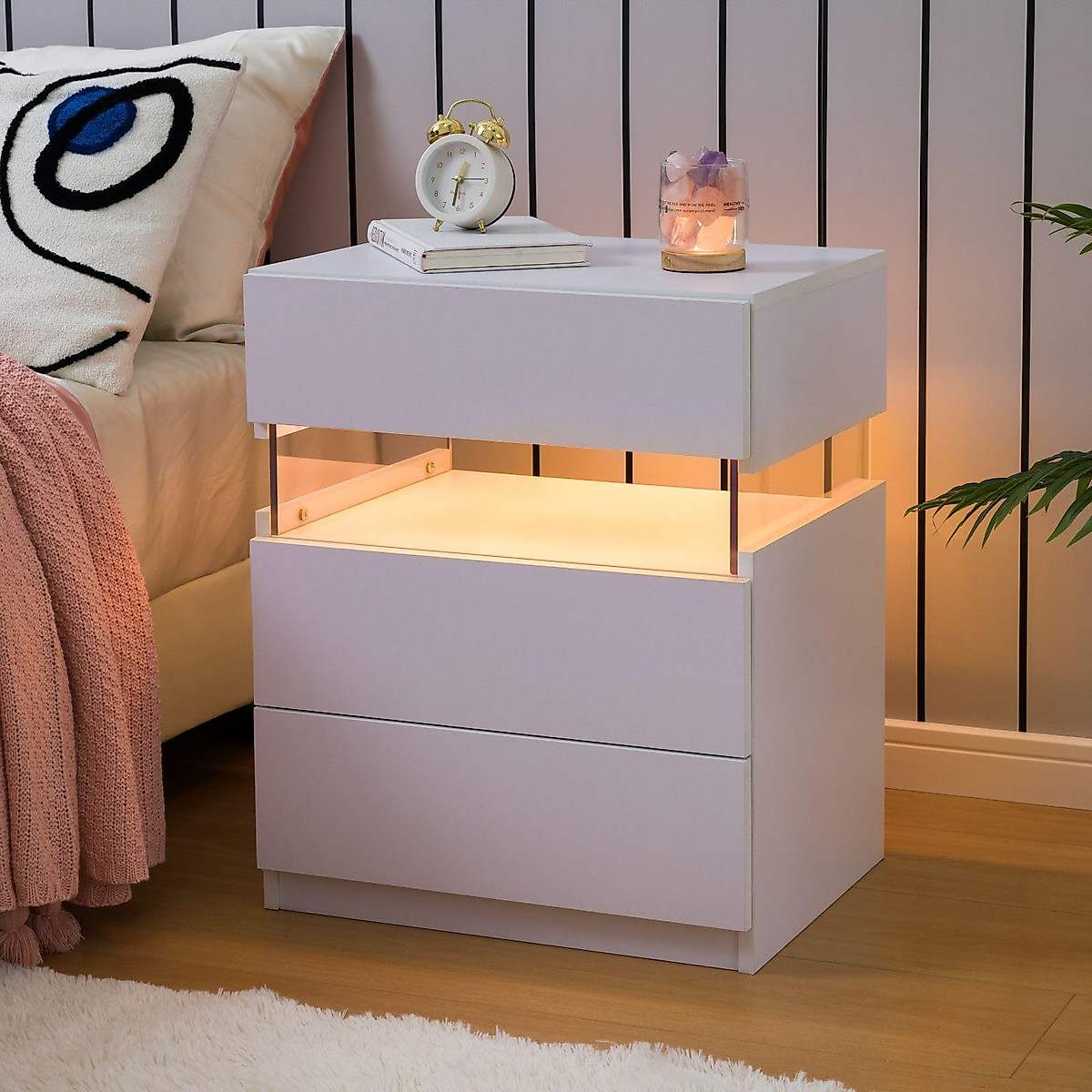 i-aplus Night Stand Set 2 LED Night Stand for Bedroom Modern LED Bedside Table with 3 Drawers End Side Table