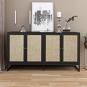 QEIUZON Modern Sideboard Cabinet, Accent Storage Cabinet with Rattan Doors and Adjustable Shelves, Freestanding Sideboard Storage Cabinet for Kitchen Dining Living Room Hallway Office (Black)