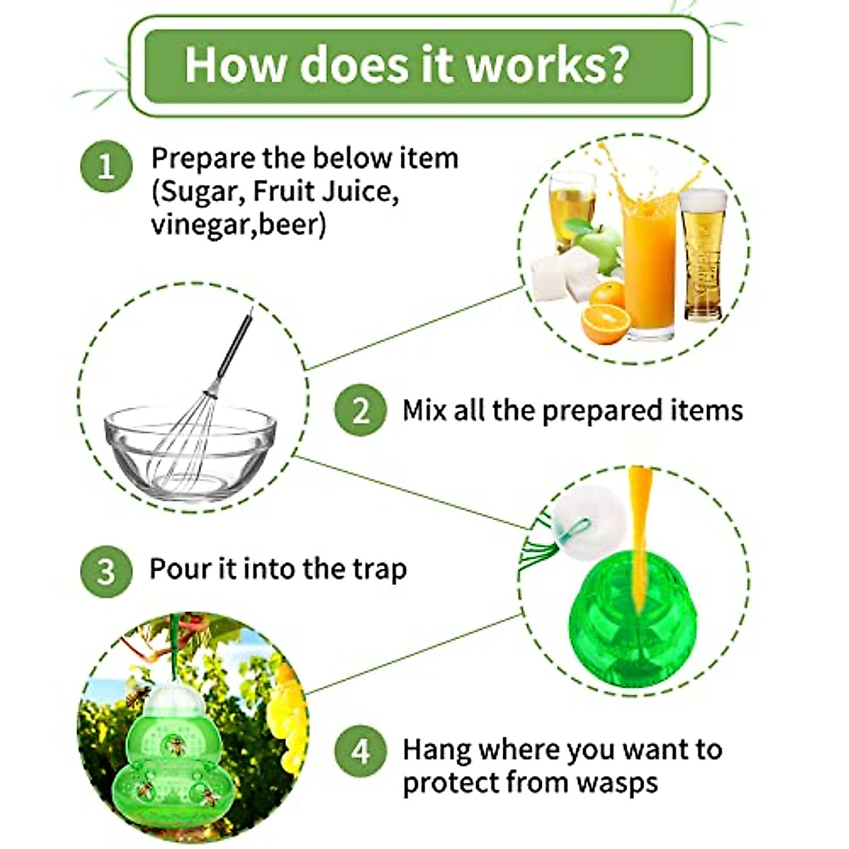 Wasp Traps Outdoor Hanging, Wasp Repellent Outdoor Yellow Jacket Bee Traps Catchers Killer for Outside Carpenter Hornet Wasp Deterrent Non-Toxic Reusable Hanging Bee Trap 2 Pack Green