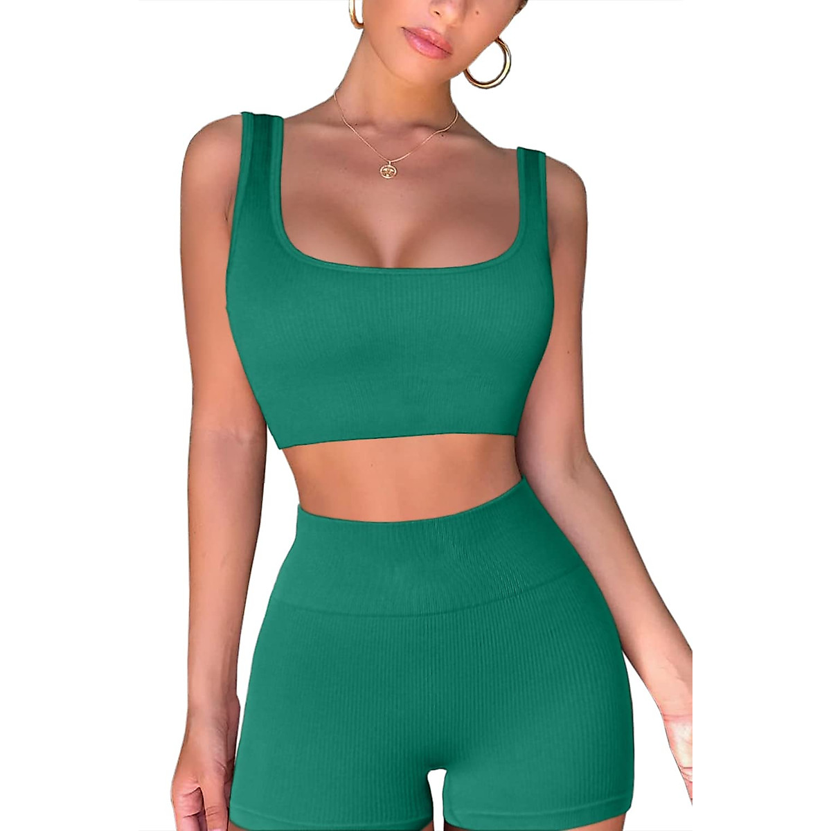 QINSEN Workout Sets for Women 2 Piece Seamless Ribbed Crop Tank High Waist Shorts Yoga Outfits (L, Emerald Green)