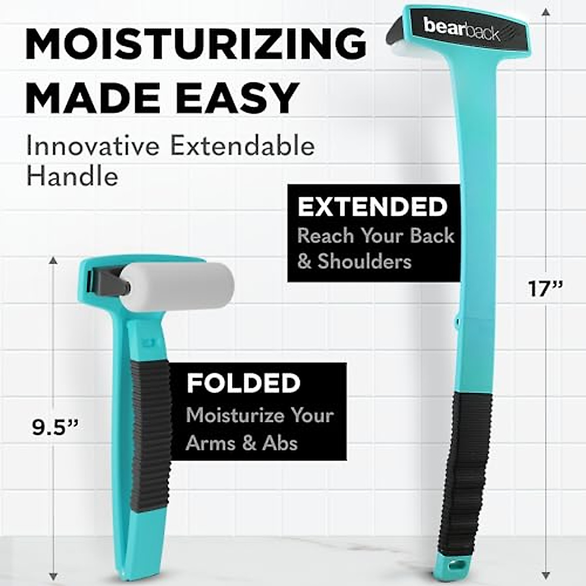 bearback Lotion Applicator for Back & Body – Premium Long Folding Handle with 2 Rollers – Apply Self-Tanner, Lotion, Medication – American Small Business (Teal)
