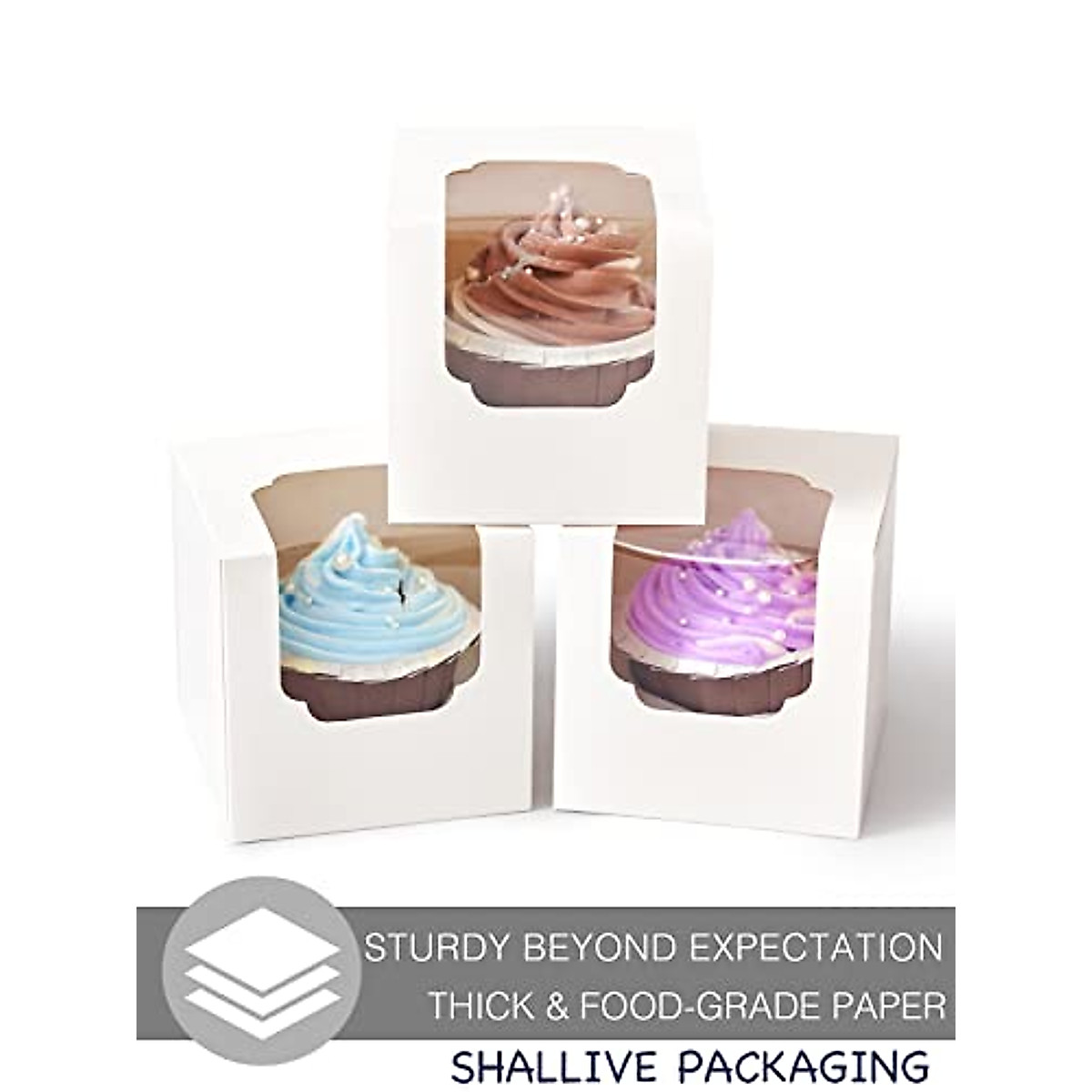 Shallive 100 Pcs Individual Cupcake Box White with Insert, 3.5" Treat Boxes with Window Bulk for Hot Cocoa Bombs and Cookies, Pre-Assembled for Easter Wedding Birthday Baby Shower Party