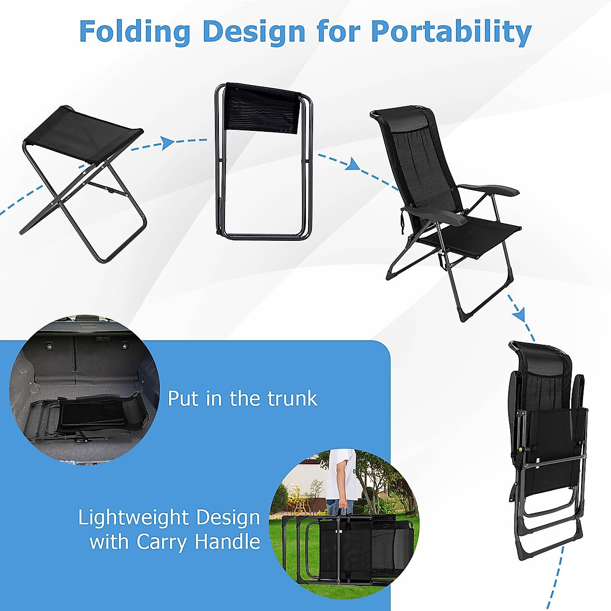 Tangkula Folding Patio Chairs, Set of 2 Outdoor Dining Chairs & Ottomans, Lawn Chairs with 7-Level Adjustable Backrest, Armrests, Mesh Pocket, Portable Lounge Chairs & Footrests for Backyard, Camping