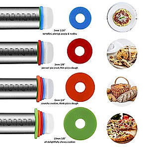 Rolling Pins, Stainless Steel Dough Roller, Rolling Pin and Silicone Baking Pastry Mat Set, Adjustable Rolling Pin with Thickness Rings for Baking Dough, Pizza, Pie, Pastries, Pasta, Cookies(Red)