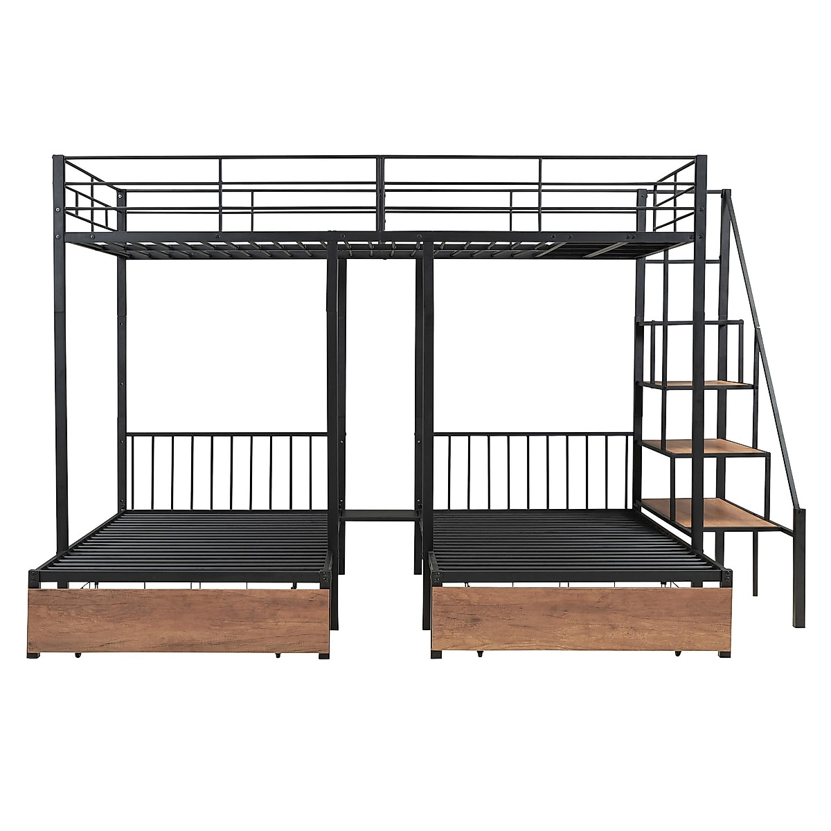 Bellemave Triple Bunk Bed with Storage Stairs, Metal Full Over Twin & Twin Bunk Beds, Detachable Bunk Bed for 3 Kids with Storage Shelf for Three Boys Girls Teens, Black