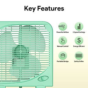 shinic Box Fan 10 Inch, 2 Speeds, Table Fan with Strong Airflow, Energy Efficient Small Window Fan, Air Circulation Portable Kitchen Exhaust Fan for Bedroom Bathroom, and Tabletop, green
