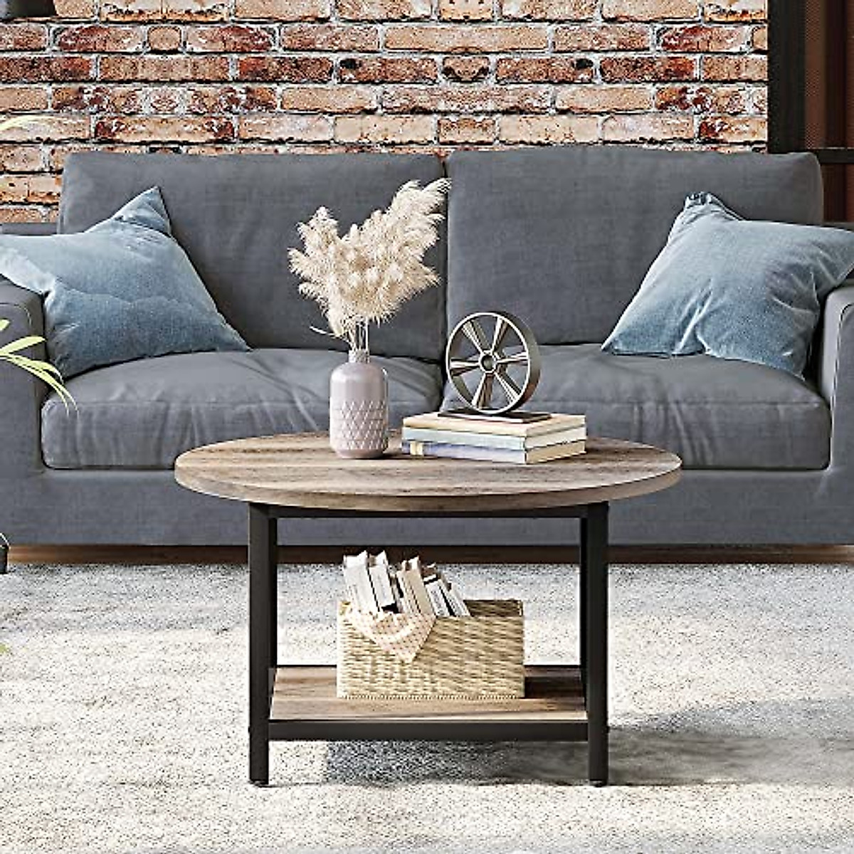 YITAHOME Round Coffee Table,Rustic Wood Coffee Tables for Living Room with Storage Shelf, Modern Farmhouse Circle Coffee Table Center Sofa Table with Sturdy Metal Legs Home Furniture, Grey Wash