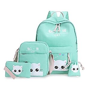 hainan Cat Backpacks Set for Teenage Girls and Student Kitty Printing Bookbag Cute School Bags Teen Girls 4 pcs for One Set Green one size