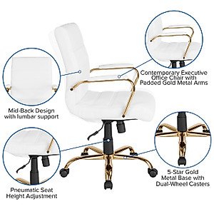 EMMA + OLIVER Mid-Back White LeatherSoft Executive Swivel Office Chair with Gold Frame/Arms