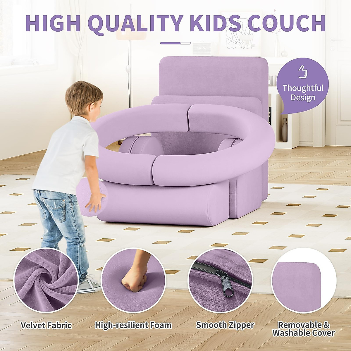 wanan Modular Kids Play Couch, 8PCS Kids Couch with Balls and Tunnel, Kids Couch for Playroom and Bedroom, Kids Modular Couch for Playing, Creativing, Modular Couch Kids (Blueberry)