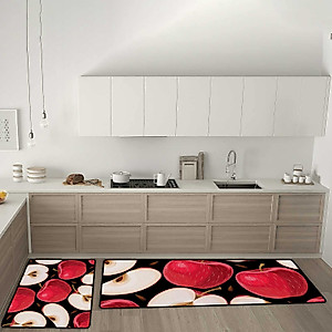 Kitchen Rugs and Mats Set of 2 Pieces Anti Fatigue Standing Mat Watercolor Red Apple Black Non Slip Washable Comfort Flooring Carpet Runner for Kitchen Home
