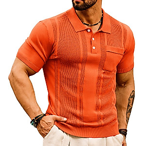 GRACE KARIN Men's Textured Knitted Bowling Polo Shirt Classic Short Sleeve Golf Shirts for Summer Orange L