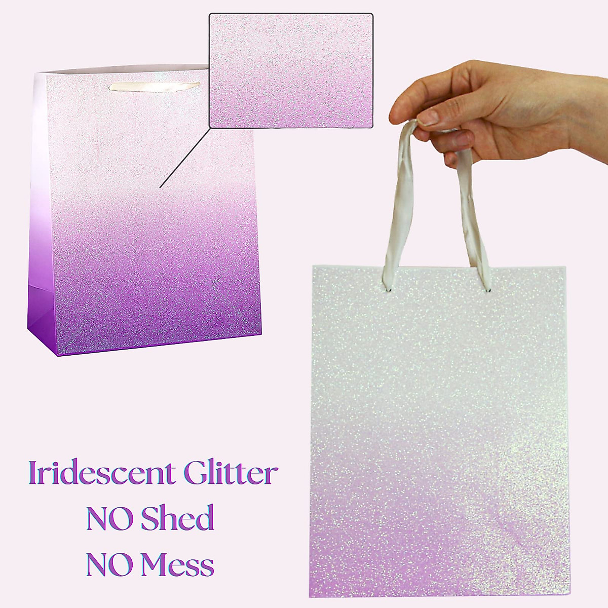 UNIQOOO 12Pcs Ombre Purple Gift Bags Bulk w/ 24 Tissue Paper, 9 x 7 x 4 In, Gradient Pastel Glitter Paper Gift Wrap Bag, Recyclable Gift Packaging for Wedding Birthday Mother's Day Baby Shower Party Favor Décor