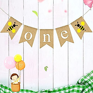 Bumble Bee 1st Birthday Banner,Happy 1st Bee Day Banner,Jute Burlap Baby ONE High Chair Banner,Boys Girls First Birthday Party Decorations Supplies