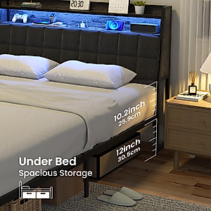 Flexpedic Queen Size Bedframe, Ergonomic Headboard with Multi-Space Storage, Platform Bed Frame Full Size with Charging Station and Adjustable RGB LED Lights, Strong Weight Capacity, Easy Assembly