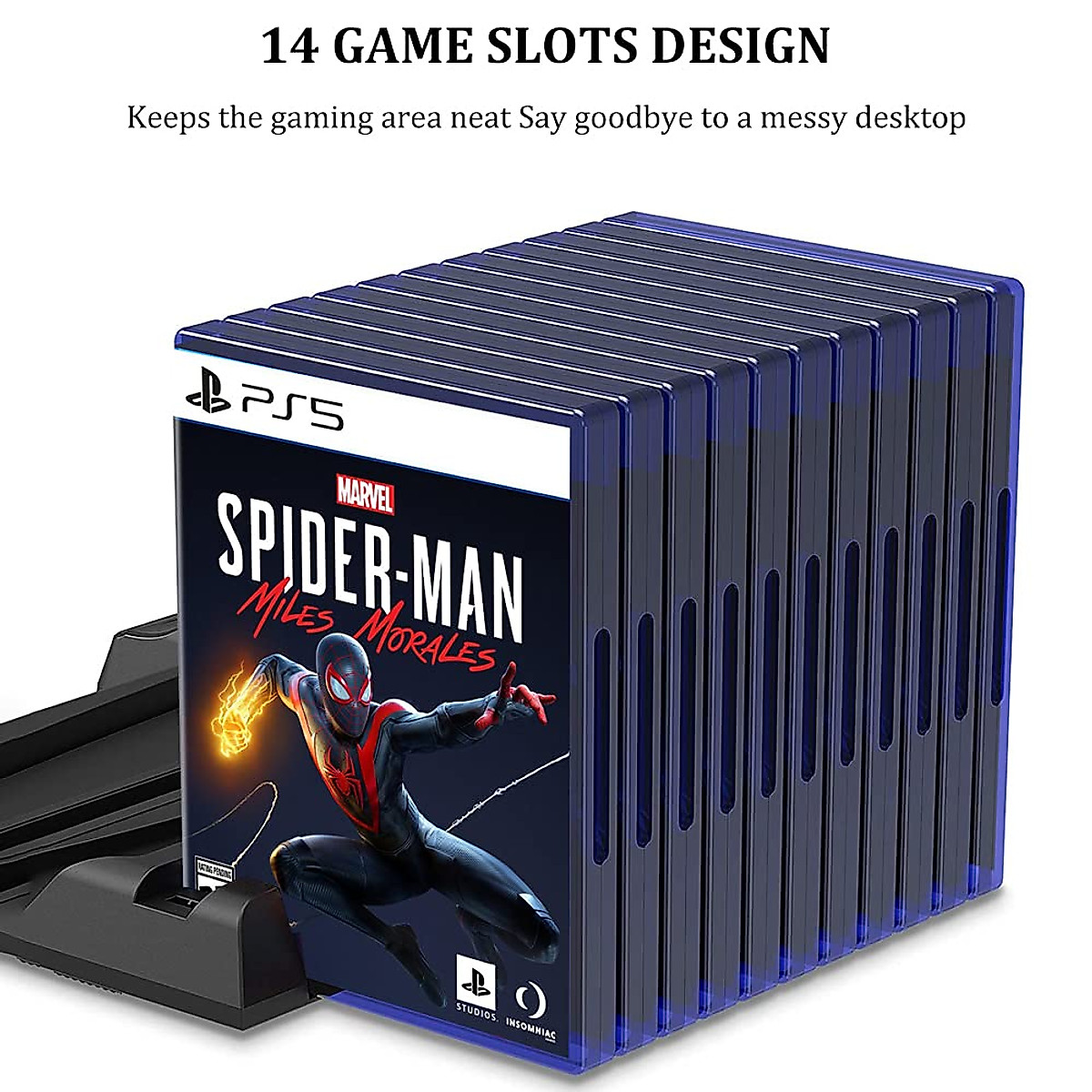 Cooling Fan Vertical Stand Compatible with Playstation 5 with DualSense Controller Charging Station and 14 Game Slots - 4 Thumbstick Caps Included