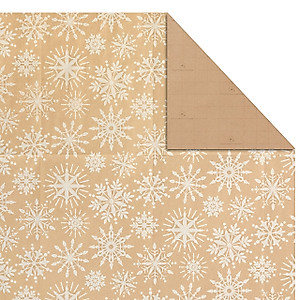 Hallmark Recyclable Kraft Christmas Flat Wrapping Paper Sheets with Cutlines on Reverse (12 Folded Sheets with Sticker Gift Tags) Rustic Red Trucks, White Snowflakes, "Merry Christmas" Lettering