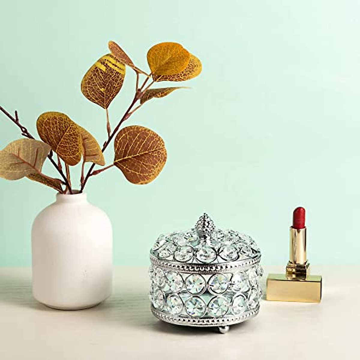 Feyarl Clear Crystal Jewelry Trinket Box Organizer Earrings Rings Treasure Storage Keepsake with Glass Mirror Surface Inside for Dresser Room Deco Valentine Christmas Birthday Gift (Silver)