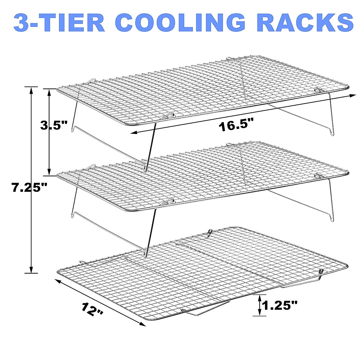 Tebery 304 Grade Stainless Steel Baking Rack 3-Tier Stackable Cooling Rack Set for Baking Cooking Grilling - 16.5" x 12"