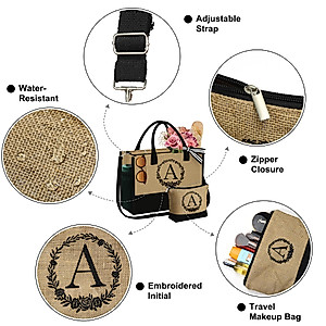 YOOLIFE Valentines Day Gifts for Girlfriend - Initial Jute Beach Tote Bag Travel Bag, Party Favors Personalized Birthday Gifts for Women Mom Friend Female Sister Bridesmaid Proposal Bag Gift Idea A