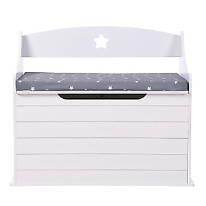 Wooden Toy Box with Seating Bench White Kids Toy Chest with Safety Hinged Lid Large Storage Cabinet with Cushion Seat Bench Toy Storage Organizer Gift for Girls and Boys