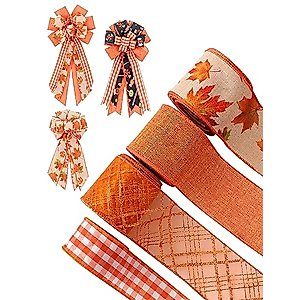 Wlflash 4 Rolls 24 Yards Fall Burlap Ribbon Wrap Orange Burlap Leaf Mesh Linen Wired Edge Harvest Pumpkin Wreath Autumn Thanksgiving Supplies Gift Bows Craft Wrapping Ribbon decoration (4 Rolls, Fall)