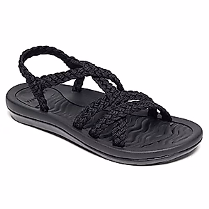 MEGNYA Comfort Braid Strap Sandals for women, Athletic Sport slides with Adjustable Waterproof Ropes, Open Toe Hiking Sandals with Cushion Foam Rubber Soles Black Size 6