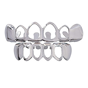 Gold Grillz Teeth Set Best gift for Son-New Custom Fit 14k Plated Silver Gold Grillz - Excellent Cut for All Types of Teeth–Open face grills caps Top and Bottom Grill Set - Hip Hop Bling Grillz