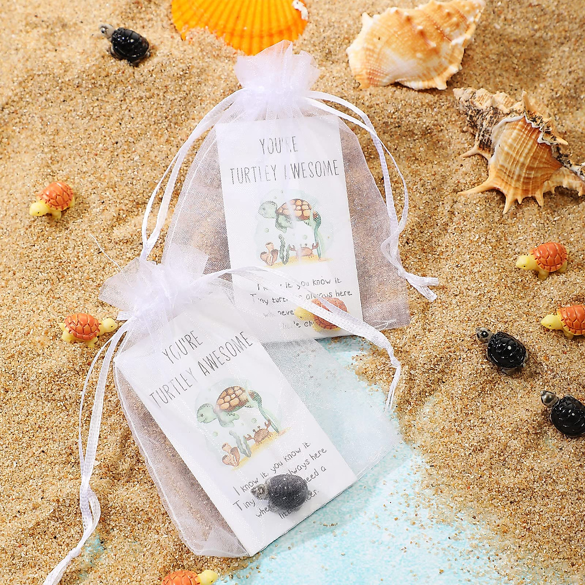 Qunclay 50 Sets Employee Appreciation Gifts Mini Sea Turtle Funny Inspirational Gift for Coworker Mini Greeting Cards You're Awesome Sign Cards Organza Bags Cute Turtles for Employee Teacher Staff