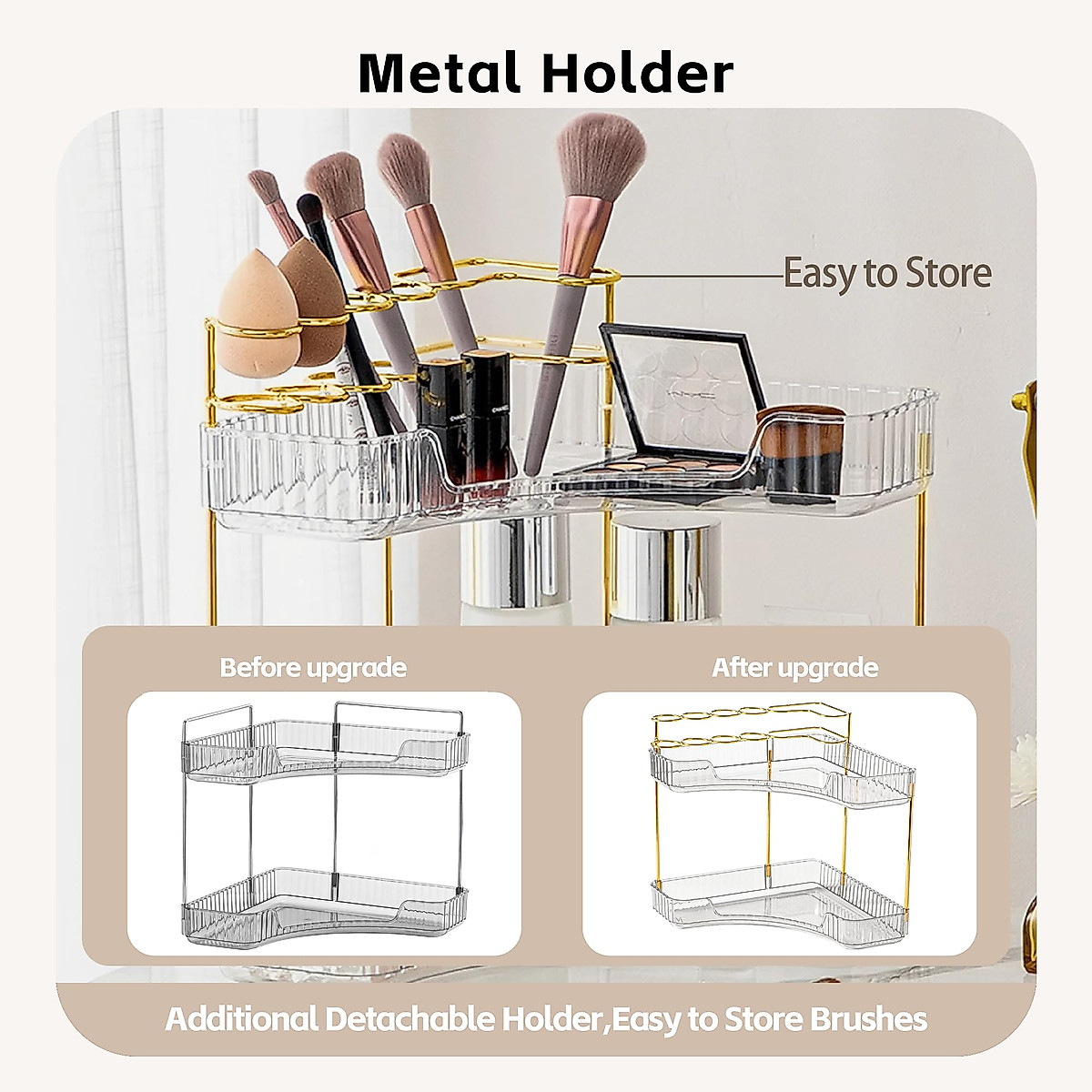FUYOTILY 2-Tier Bathroom Counter Organizer, Multi-Purpose Makeup Organizer Countertop, Large Skincare Organizers, Exquisite Vanity Organizer with Makeup Brush Holder (Clear)