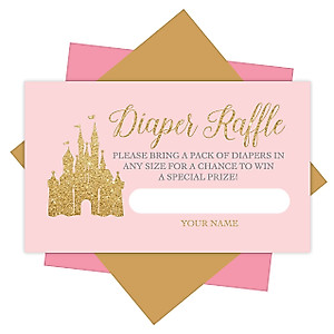 25 Little Princess Baby Shower Invitations, 25 Books For Baby Shower Request Cards, 25 Baby Shower Diaper Raffle Tickets For Baby Shower Girl, Cute Pink & Gold Write in Diaper Raffle Cards