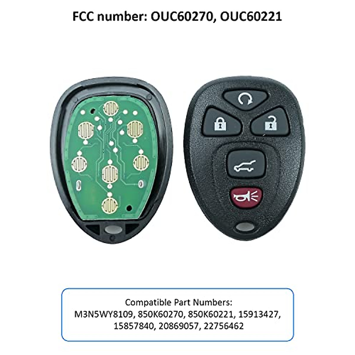 2Pcs Keyless Entry Remote Control Car Key Fob Fit for Chevy Traverse Tahoe Suburban/Buick Enclave/Cadillac Escalade/07-2016 GMC Acadia Yukon Replacement Remote Control 5 Buttons OUC60270 OUC60221