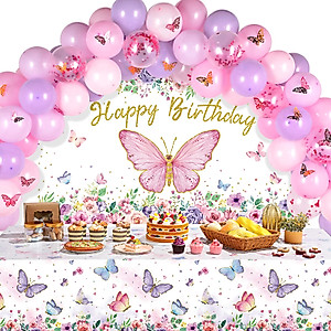 Pink and Purple Butterfly Party Decorations Include Pink Purple Balloon Arch Kit Butterfly Happy Birthday Photography Backdrop Banner Tablecloth for Girls Women Birthday Party Supplies Decor