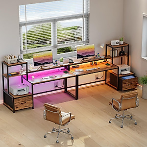 GreenForest Office Desk with Power Outlets and Printer Shelf, 68.8 inch Computer Desk with LED and Drawer, Reversible Gaming Desk with Storage for Home Study Working,Walnut