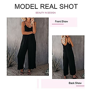 Dokotoo Women's Loose Plus Size Black Jumpsuits for Women Adjustable Spaghetti Strap Stretchy Wide Leg Solid One Piece Sleeveless Long Pant Romper Jumpsuit with Pockets 2XLarge