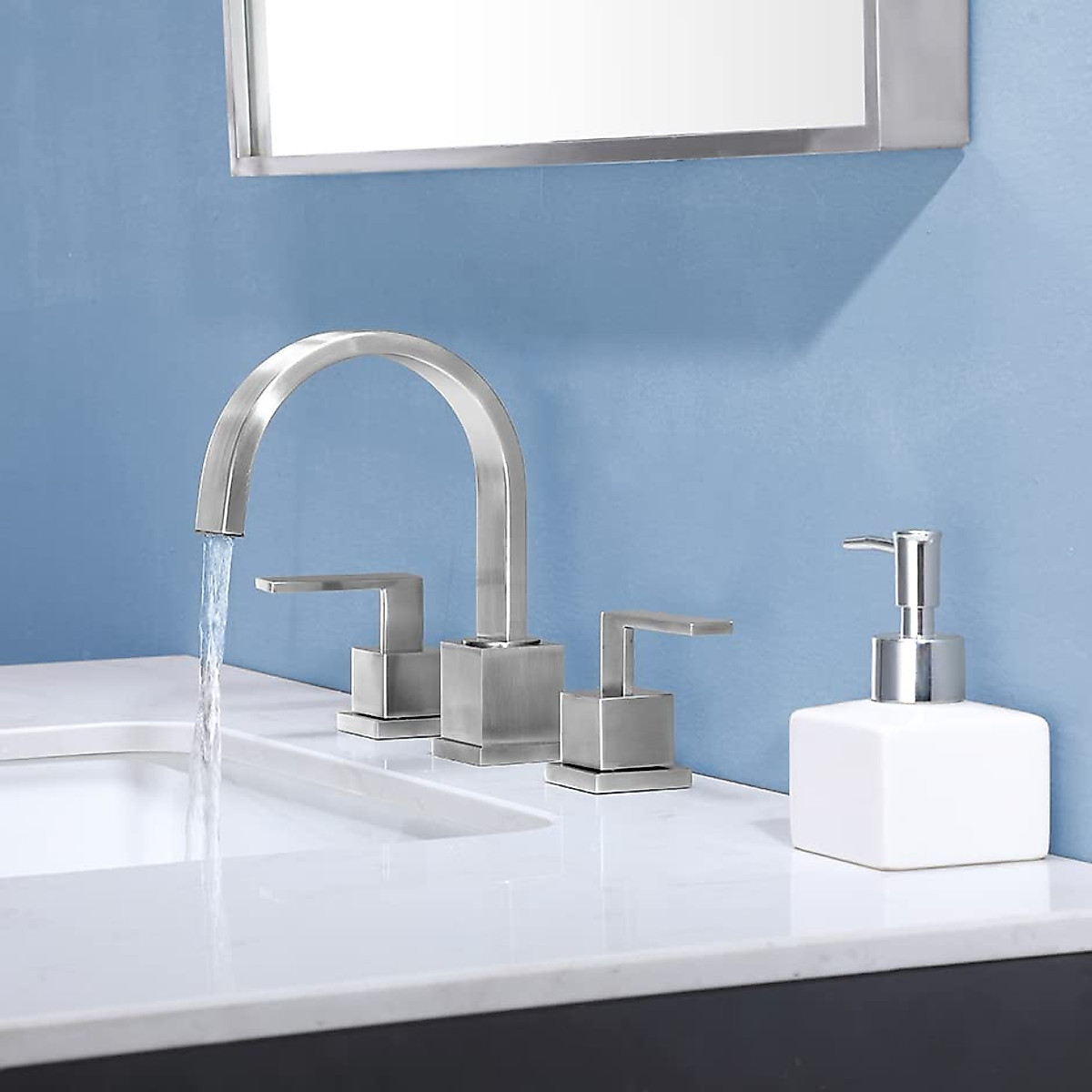 KINGO HOME Modern 3 Hole Widespread Brushed Nickel Bathroom Faucet,Waterfall 8 inch 2 Handle Bathroom Sink Faucet Vanity Bathroom Faucet for Sink 3 Hole with Pop Up Drain and Water Supply Lines