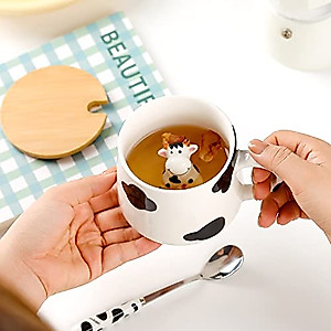 BigNoseDeer Cute Ceramic Cow Coffee Mug with 3D Animal Inside Kawaii Tea Cup with Spoon and Lid Cow Print Stuff Christmas Gifts Birthday Mother's Day Cute Gifts for Women Kids 12oz (Cow)