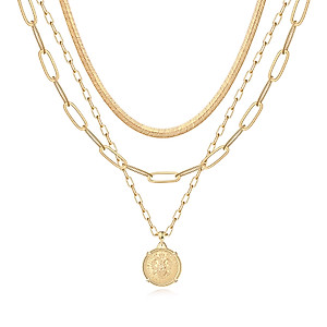 Hidepoo Gold Coin Pendant Necklaces for Women, 14K Gold Plated Dainty Coin Pedant Medallion Necklace Snake Chain Choker Necklace Gold Coin Necklaces for Women