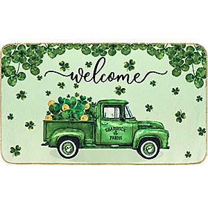 AnyDesign St. Patrick's Day Welcome Door Mat Watercolor Green Shamrock Clover Truck Front Door Mat with Anti-Slip Rubber Back Irish Felt Doormat for Indoor Outdoor Kitchen Home Decor, 17 x 29 Inch