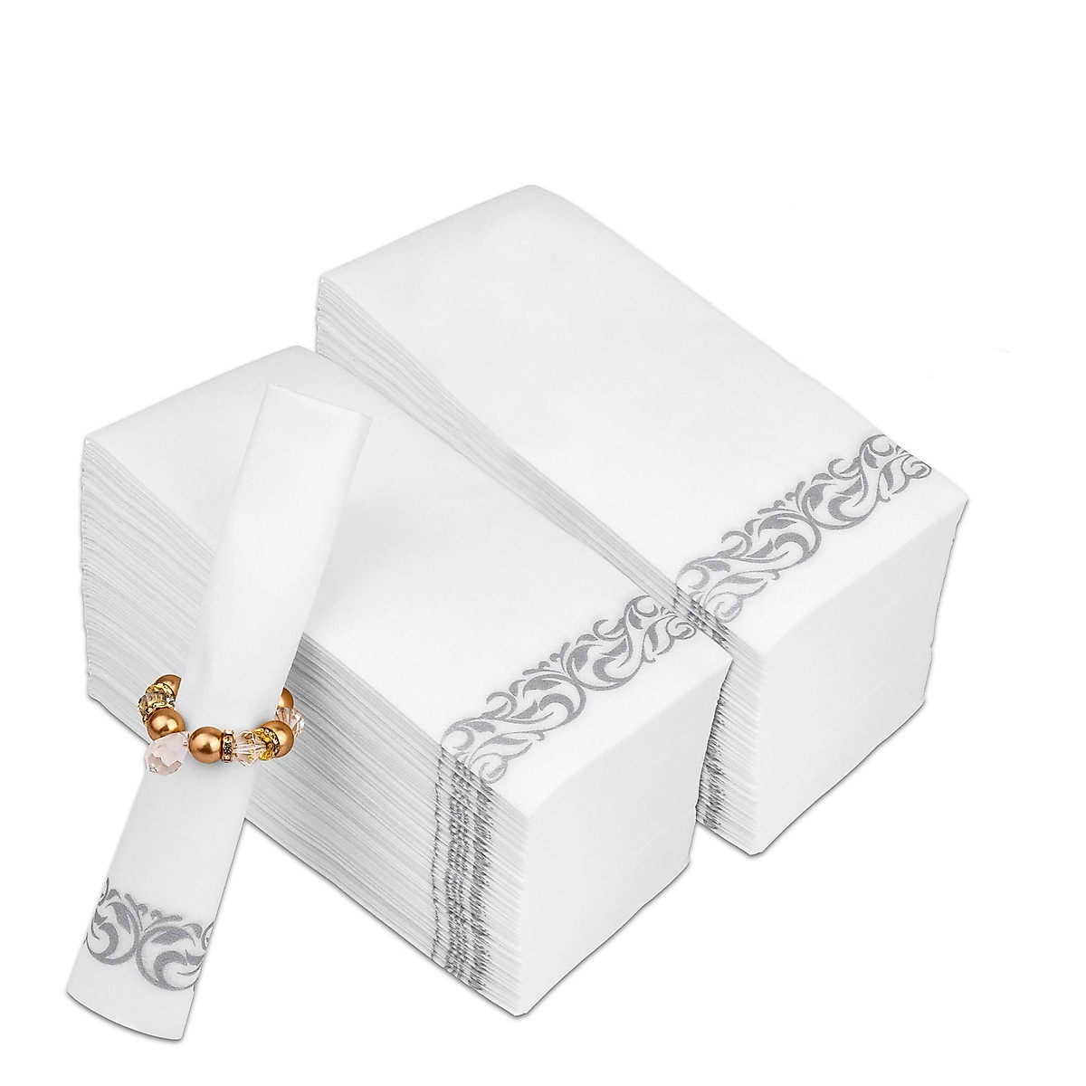 Fete Decorative Hand Towels, silver flower 200pcs Disposable Linen-Feel Guest Towelettes – Formal Dinner, Anniversary, and Wedding Napkins for Tables, Guestrooms, and Restrooms - 8.5x 4-Inches Folded,