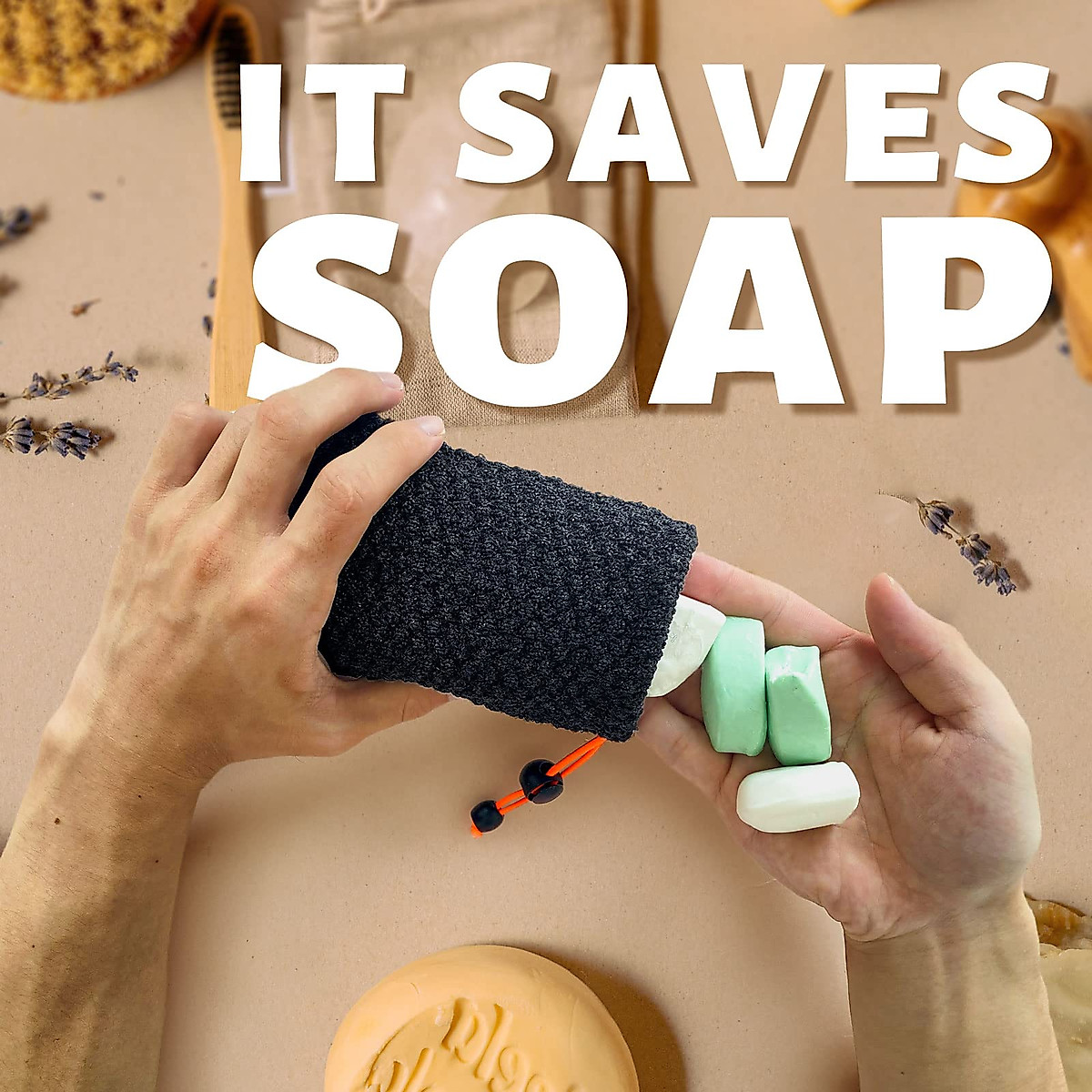 MIG4U Exfoliating Soap Bag for Shower 2 Pieces - Bar Soap Saver Pouch, Bamboo Body Scrubber Exfoliator Pocket in Travel Bathing, Black, Double Layer