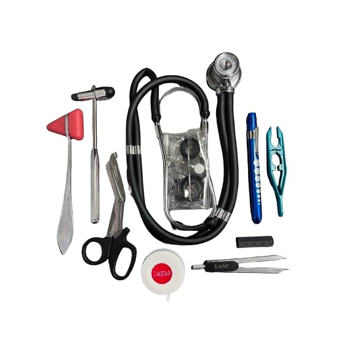Nursing/Medical Student Kit - Sprague Rappaport Stethoscope, 5 1/2" Shears, Taylor and Buck Neurological Hammers, Metal Penlight, 60" Tape Measure, Tweezers, and EKG Caliper by Lane Instrument