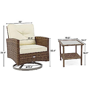 YITAHOME 3-Piece Patio Outdoor Wicker Bistro Rocking Furniture Conversation Chairs for Garden, Backyard and Balcony (Tan Chairs + Off- White Cushions)