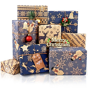 Christmas Wrapping Paper Sheets, Navy Blue and Brown Recycled Kraft Gift Wrapping Paper with Tags Stickers, 6 Sheet Xmas Wrapping Paper for Gifts Wrapping Arts Crafts Decorations, 5 Designs, 70 x 50cm
