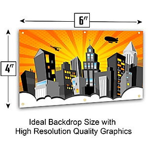 Bigtime Signs XL Superhero Backdrop with 6 Comic Action Word Photo Booth Props - Compliments Any Superhero Party Decorations - 4 x 6 ft - Cityscape Superhero Birthday Decorations Hangs on Wall Easily