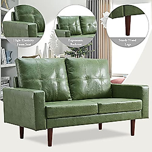 Loveseat Sofa Couch, Pu Leather Modern Couch For Living Room With High-Density Foam Cushion, Accent Love Seat Sofa With Spacious Seat Comfy Futon Couch With Solid Wood Legs For Bedroom, Office (Green)
