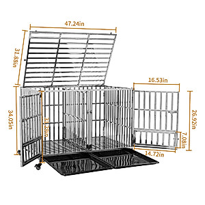 RyBuy 48" Heavy Duty Dog Cage Foldable Stackable Stainless Steel Kennel Cage for Small Dogs with Floor Grid, Tray, Divider